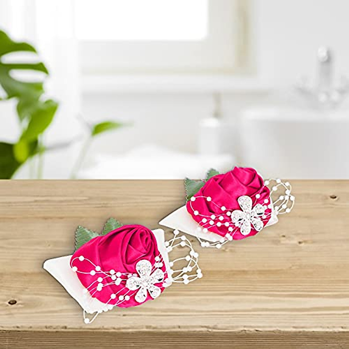 ZHDOKA 2Pcs Wrist Flower, Bridesmaid Wrist Corsage Wristlet Beautiful Wedding Hand Flower with Artificial Rose Flower, Bride Band Braceletfor Women Wedding Prom(Rose Red)