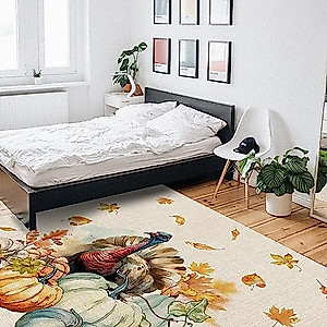OComster Thanksgiving Rectangle Shape Large Area Rugs - 4 x 6 Feet Pumpkin Teal Orange Turkey Fall Maple Leaves Burlap - (Non-Woven + Rubber) Low File Floor Mat
