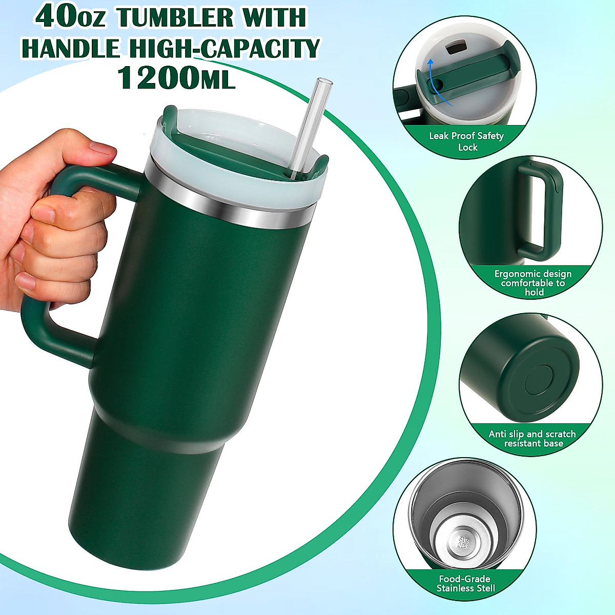 BELYQLY New Version 40oz Stainless Steel Vacuum Insulated Tumbler with Lid and Straw for Water, Smoothie and More, Iced Tea or Coffee (Christmas Green)