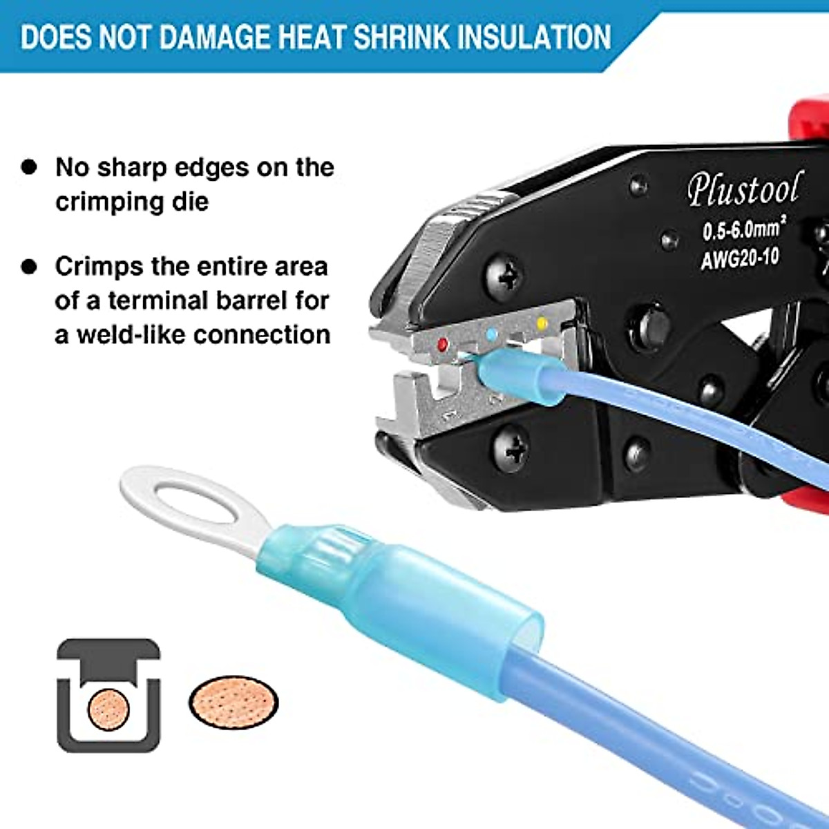 Plustool Crimping Tool for Heat Shrink Connectors AWG22-10, Ratcheting Wire Terminal Crimper - Crimping Pliers - Electrical Crimping Tool