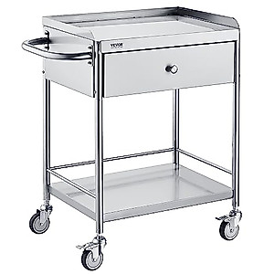 VEVOR Medical Trolley, Dual-Tier Stainless Steel Trolley with a 220 lbs Load Limit, Equipped with Quiet 360° Casters and a Drawer, Ideal for Laboratories, Clinics, Kitchens, and Salons