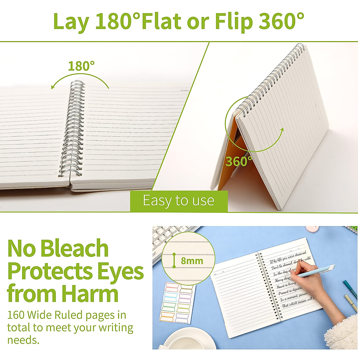 CAGIE 4 Pack Spiral Notebook 5x7 Lined Journal Notebook College Ruled 320 Sheets in Total, 4 Subject A5 Spiral Notebooks for Work School and Notes, 8 Multicolor Tab Stickers Yellow Green Blue Purple