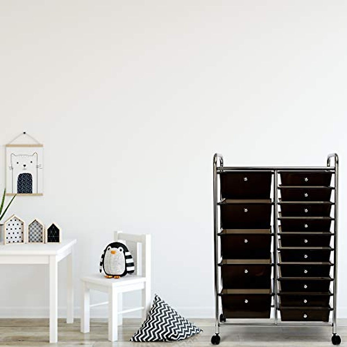 Seville Classics Rolling Utility Organizer Storage Cart , for Home Office, School, Classroom, Scrapbook, Hobby, Craft, 15 Drawer, Black