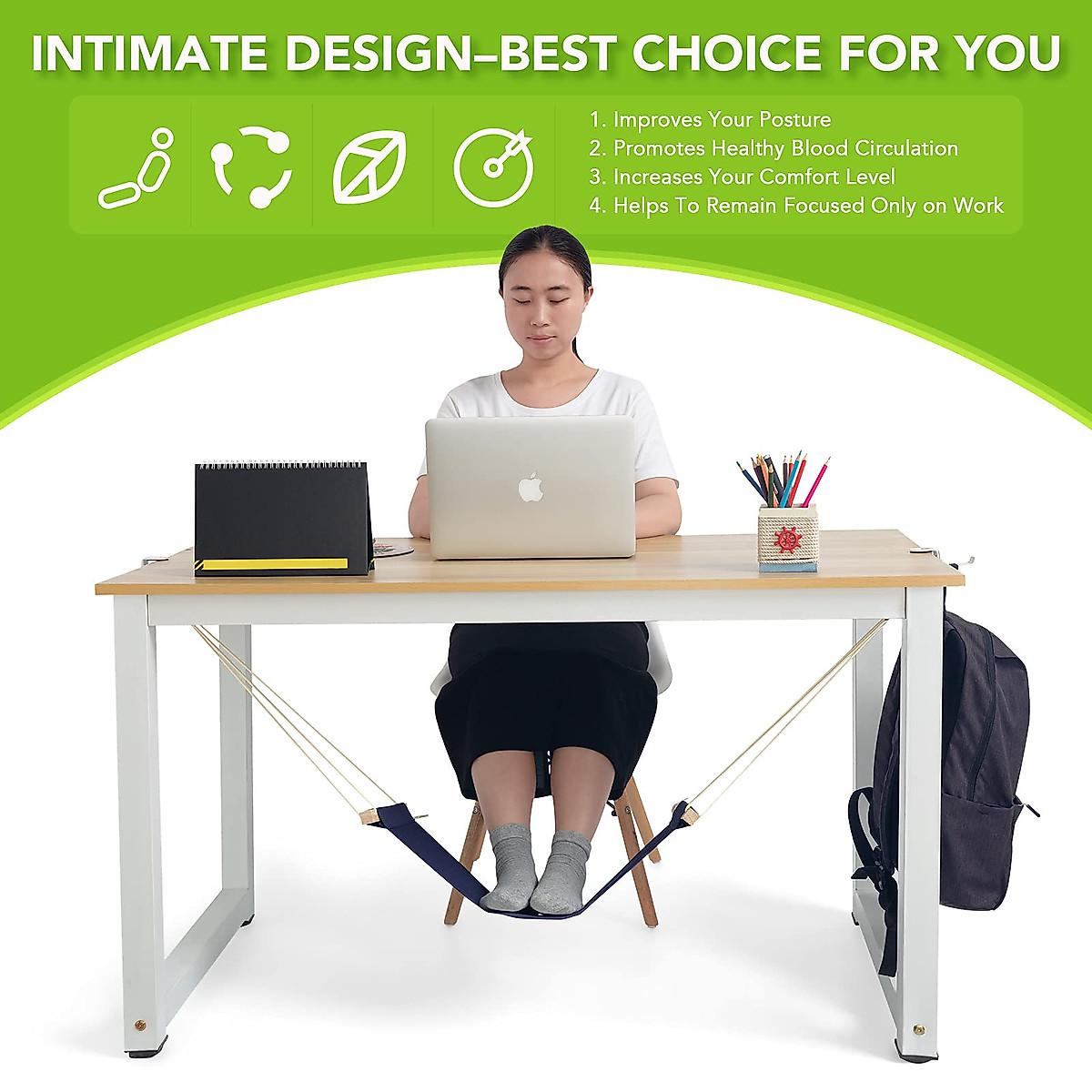 Foot Hammock Under Desk Footrest | Adjustable Office Foot Rest Under Desk Hammock | Portable Desk Feet Hammock with Headphones Holder (Black)