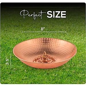 Marrgon Copper Anchoring Basin – Hammered Metal Bowl for Rain Chain Downspout Gutters – Beautiful Decorative Fountain Dish Display for Outdoor Garden, Lawn & Patio Water Feature – 11” Wide x 2” High