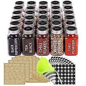 SWOMMOLY 30 Glass Spice Jars 6 oz Empty Square Spice Bottles with 703 Spice Labels, Chalk Marker and Funnel Complete Set. 30 Spice Containers with Airtight Cap, Pour/sift Shaker Lid
