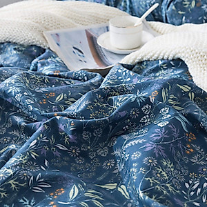 HoneiLife Duvet Cover Set - 100% Cotton Herbs Pattern Comforter , Soft and Breathable Bedding Set with Zipper Closure & Corner Ties, 3pcs(1Duvet Cover+2 Pillow Case)-Blueblack, King