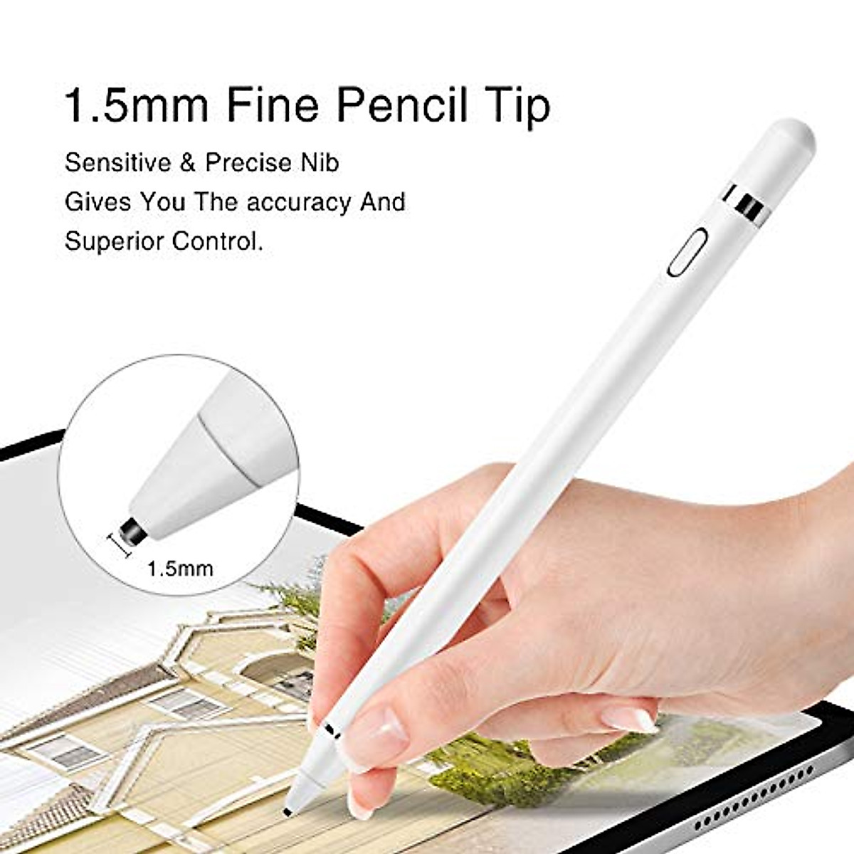 Stylus Pens for Touch Screens, Active Pencil Smart Digital Pens Rechargeable Fine Point Stylist Compatible with Apple iPad and Other Tablets (White)