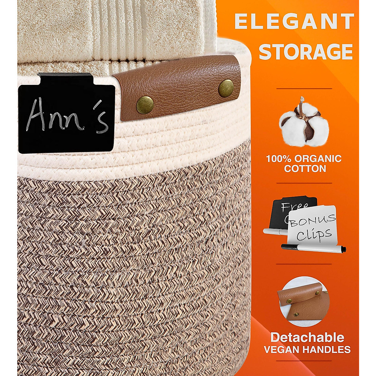 Cotton Rope Baskets for Organizing – Storage Baskets for Shelves | 15"x10"x9" | Rope Basket for Storage, Small Laundry Baskets, Woven Baskets for Storage, Dog Toy Bin, Baby Basket, Creamy White &Brown