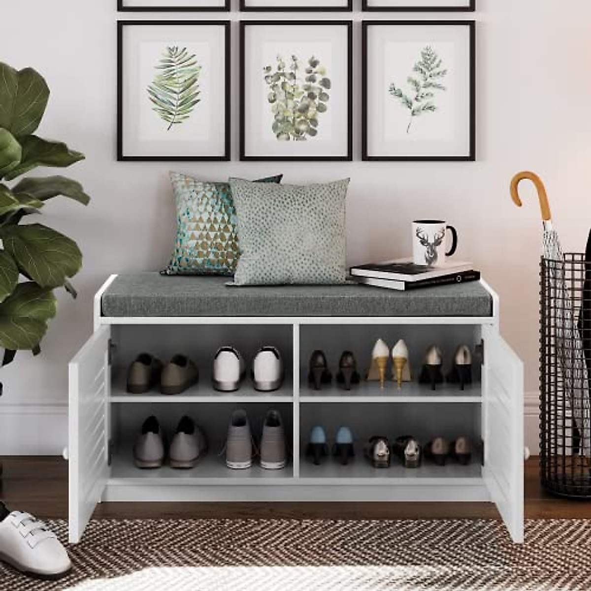 Sturdis Shoe Storage Bench White - Cushion Seat - Adjustable Shelves - Soft-Close Hinges - for Comfort & Style, Perfect for Entryway First Impression!