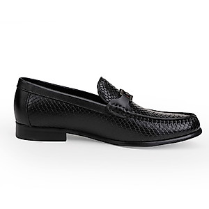 Black Mens Leather Dress Shoes, Premium Crocodile Print Moc-Toe Slip-on Loafer with Metal Buckle Penny Shoes for Mens, 9