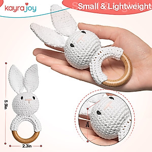 Crochet Bunny Rattle with Diaper Bag Clip - Wooden Teether Baby Rattle for Baby Girls and Boys - Natural Cotton with Wooden Teething Ring