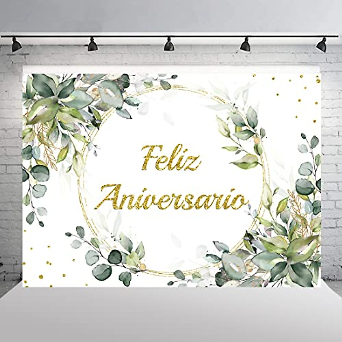 Lofaris Feliz Aniversario Backdrop for Photography Green Leaves Shinning Dots Gold Ring Mexican Happy Anniversary Decorations Supplies Floral Cake Table Banner Photo Booth Props 7x5ft