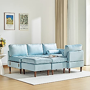 wirrytor Modular Sectional Sofa, Velvet U Shaped Couch, Modular Sectional with Reversible Ottomans for Living Room, Blue