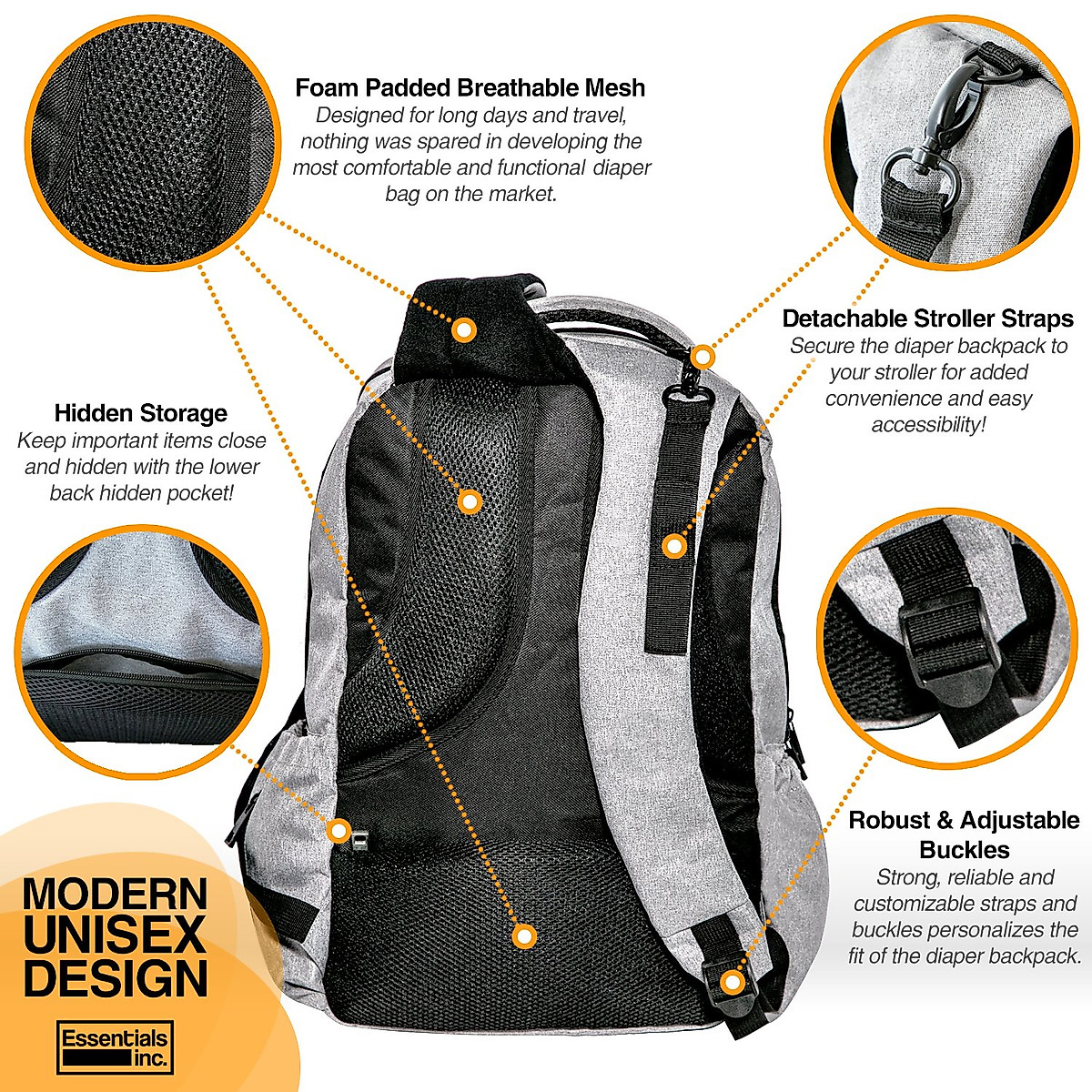 Diaper Bag Backpack with Stroller Straps, Baby Changing Mat & Multi Pockets - Insulated Milk Bottle Pockets, Water Resistant, Large Unisex Design for Men & Women (Large)