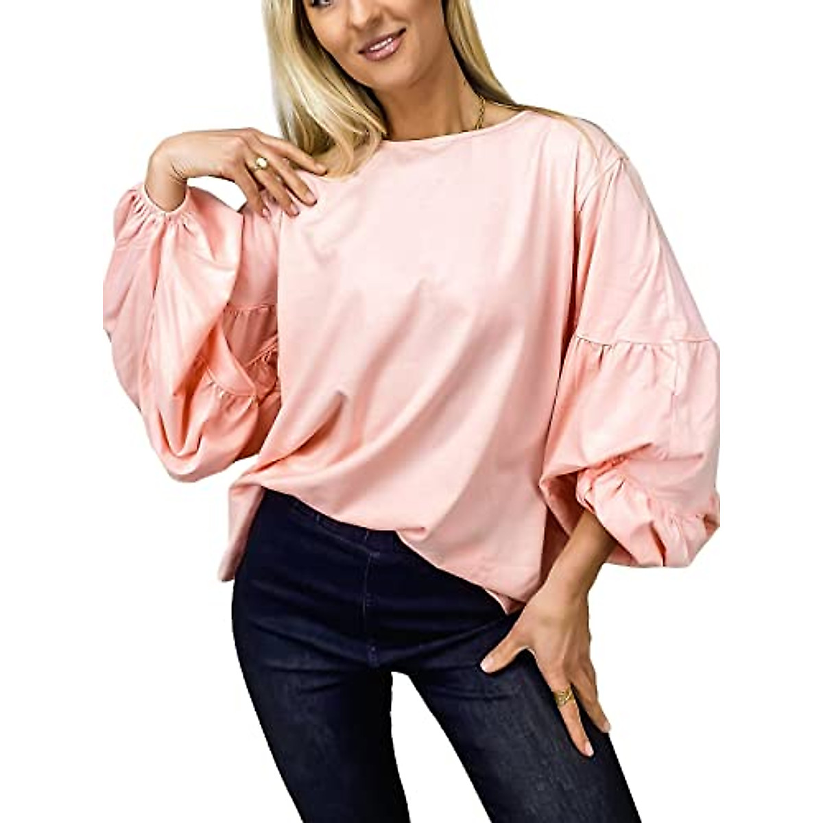 Anna-Kaci Womens Long Lantern Sleeve Soft Loose Baggy Tops T-Shirt Pullover, Rose, Small