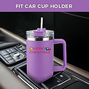 LB LEOBON 40 ounce insulated cup with handle, double-layer vacuum stainless steel material, equipped with straw, can keep warm or maintain cold drinks Merry Christmas Stars Balls Deep purple