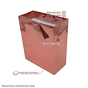 Rose Gold Gift Bags - 12 Pack Medium Rose Gold Foil Gift Bags with Handles, Designer Paper Gift Wrap Bags for Birthdays, Party Favors, Baby Shower, Bachelorette, Weddings, Holiday Gifts, Bulk – 7.5x3.5x9