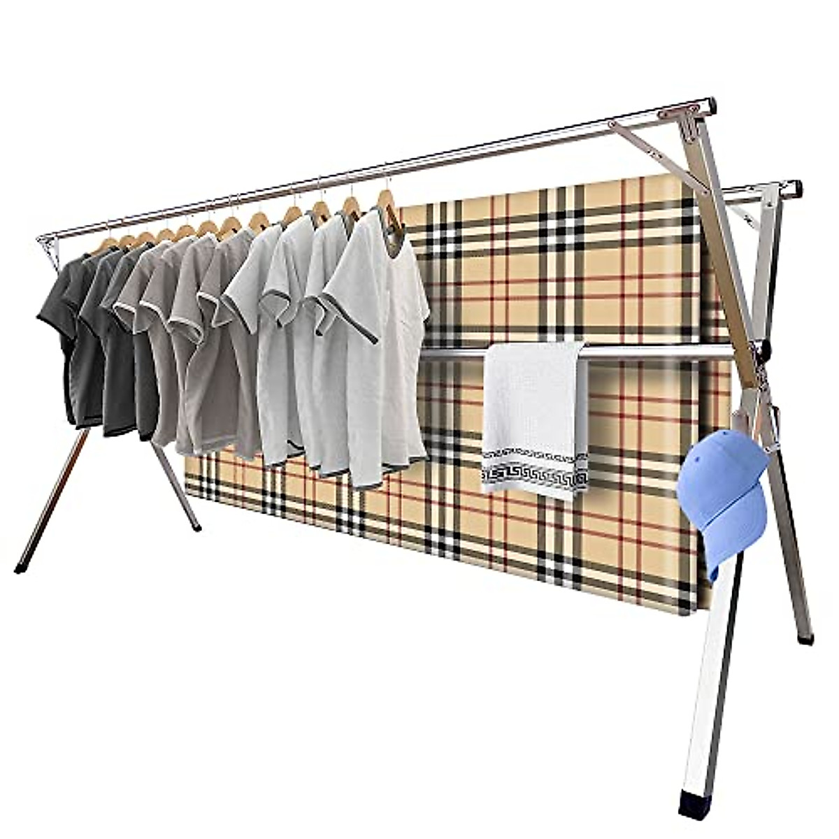 MRCTVG Upgrade 79 Inches Clothes Drying Rack, Premium Stainless Steel Adjustable and Foldable Laundry Drying Rack for Indoor Outdoor, with 20 Windproof Hooks