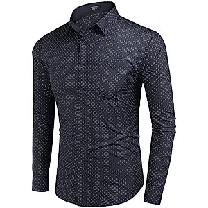 COOFANDY Men's Business Dress Shirt Long Sleeve Regular Fit Shirt Casual Polka Dot Printed Button Down Shirts Navy Blue