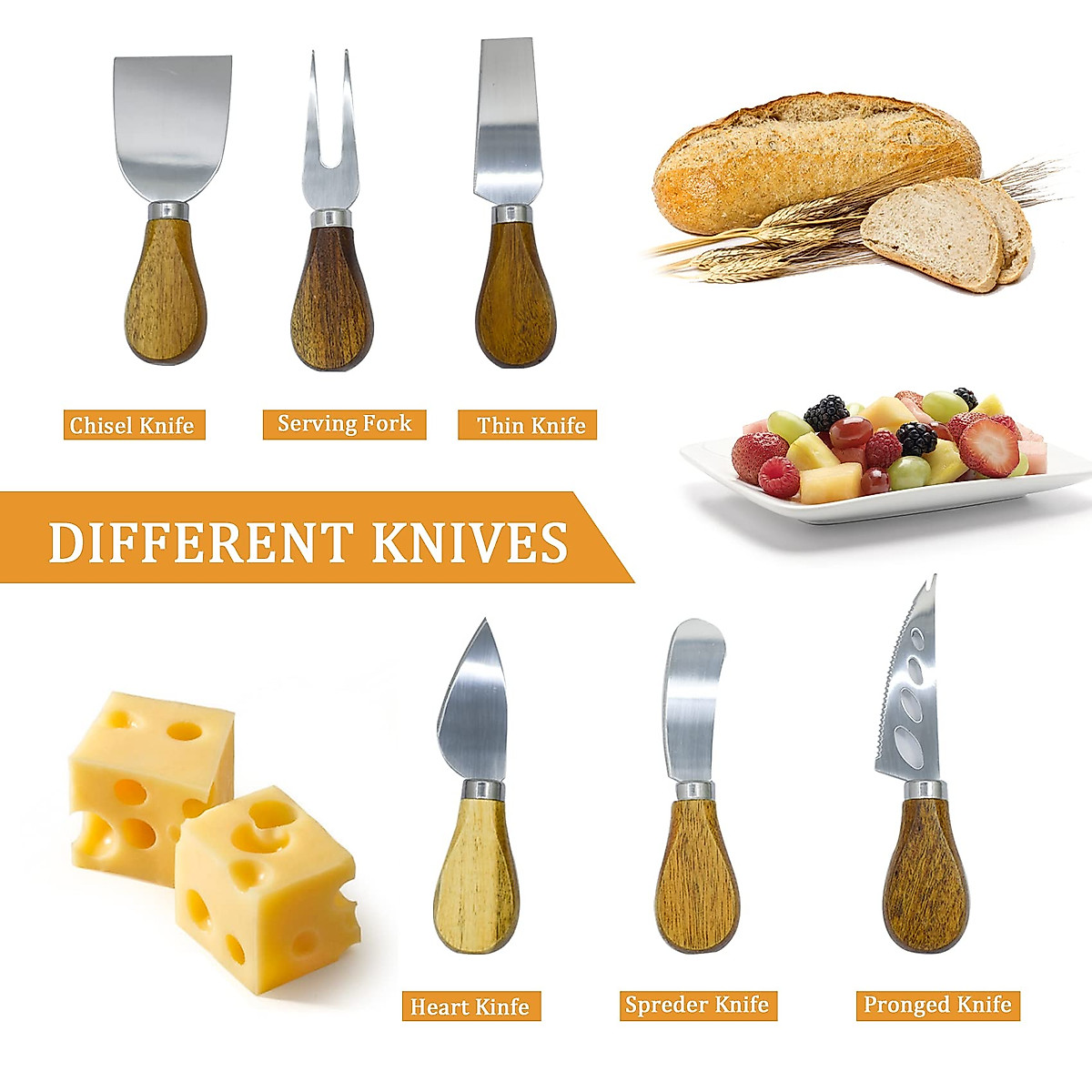 6-Piece Stainless Steel Cheese Knives Set, Complete Premium Stainless Steel Cheese Knives Collection Charcuterie Board Accessories for Thanksgiving, Christmas, New Year