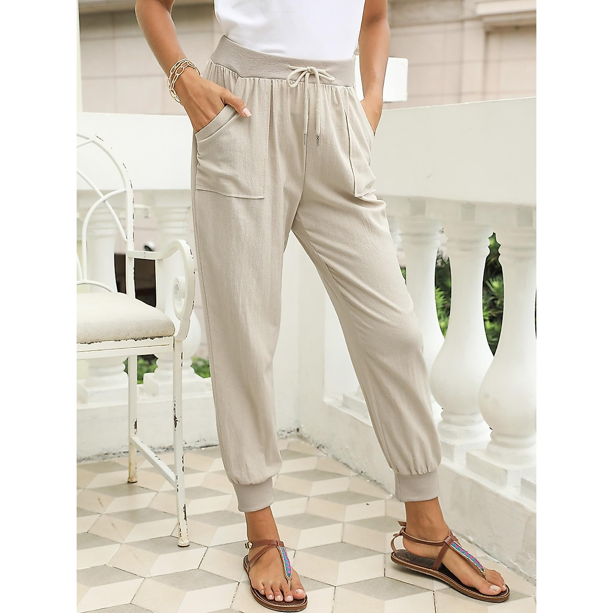 Puimentiua Womens Tapered Pants Cotton Linen Drawstring Back Elastic Waist Pants Casual Trousers with Pockets Khaki