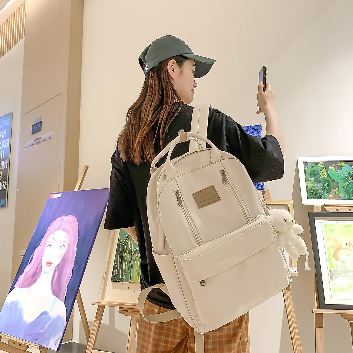 GAXOS Cute Backpack for School White Preppy Bookbags for Teen Girls Travel Aesthetic Backpack Women