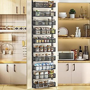 DAOTENGQL Over the Door Organizer Hanging with 10 tiers Mesh Baskets, Stable & Adjustable Pantry Spices Rack for Snacks Baby Essentials Toiletries Toys and Small Clothes, etc, Black, (SA005)
