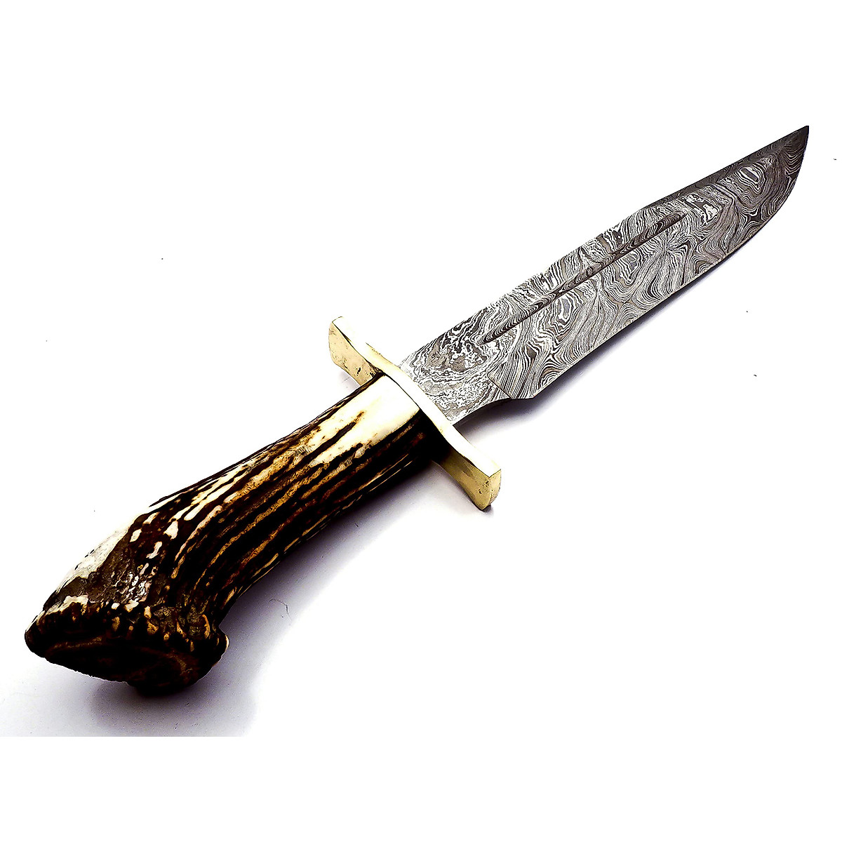 Skokie Knives Damascus Steel Bowie Knife Bull Horn Handle with & Brass Guard –16” Handmade Premium Quality Sharp Edge Fix Blade -Genuine Multipurpose Knife Ideal for Hunting, Camping (Stage B)