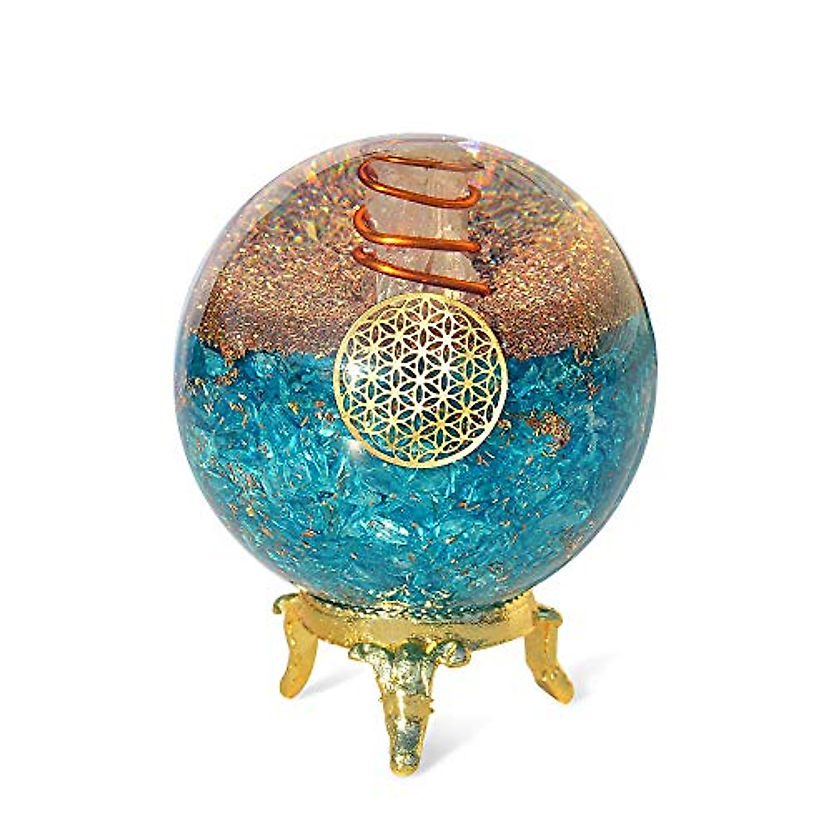 Orgonite Crystal Blue Aquamarine Crystal Ball with Stand for Positive Energy, E-emission Protection and Chakra Balancing –with Flower of Life Symbol to Promote Purpose, Serenity and Courage