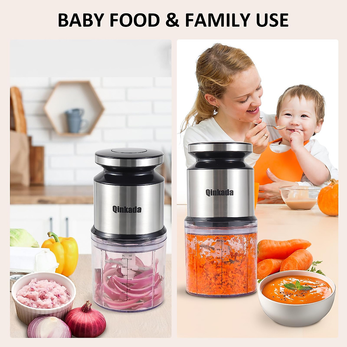 Qinkada Mini Food Processor, 2.5 Cup/ 600 ML Baby Food Maker, 400 W Power Electric Grinder Chopper for Fruit, Vegetable, Meat, Baby Food Puree Blender (Sliver)