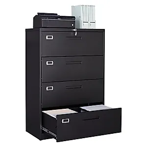 PEUKC 4 Drawer File Cabinet, Lateral Filing Cabinets for Home Office, Office Storage Drawers with Lock, Hanging Files Legal/Letter A4 Size (Assemble Required,Black)