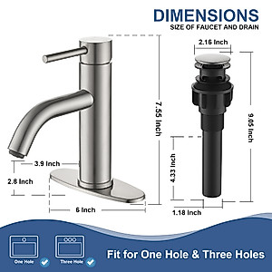PHICHI Brushed Nickel Single-Handle Bathroom Faucet, 1 or 3 Hole Basin Bath Tap with Pop Up Drain and Deck Plate, Modern One-Hole RV Faucet Washbasin Faucet Countertop