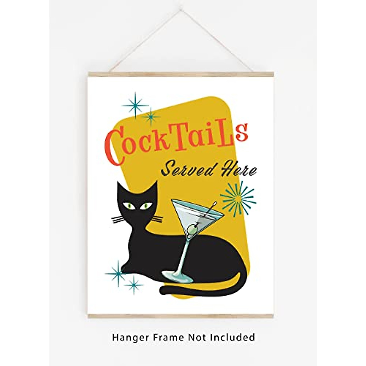 Mid Century Modern No.21 Wall Art Print - 11x14 UNFRAMED Retro Boho Aesthetic Kitchen, Bar Decor. Atomic Cat with Martini “Cocktails Served Here”
