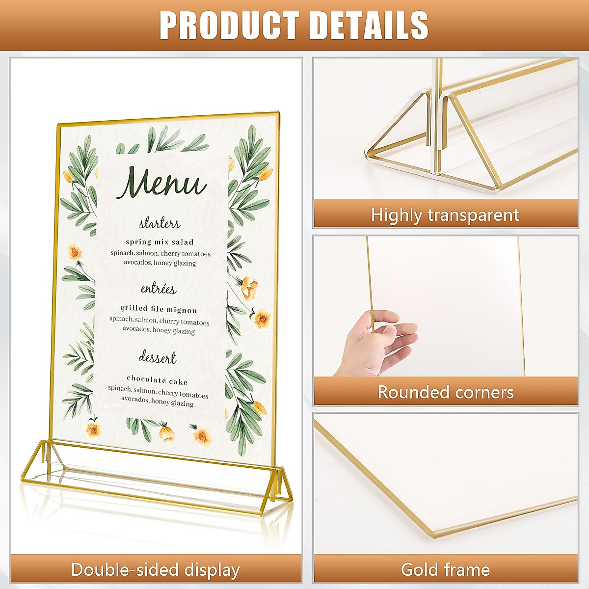 Oungy 6 PCS Acrylic Sign Holder 8.5x11 Gold Picture Frame Double Sided Flyer Holder Table Menu Holder Display Stand for Wedding Table Number Menu Holder