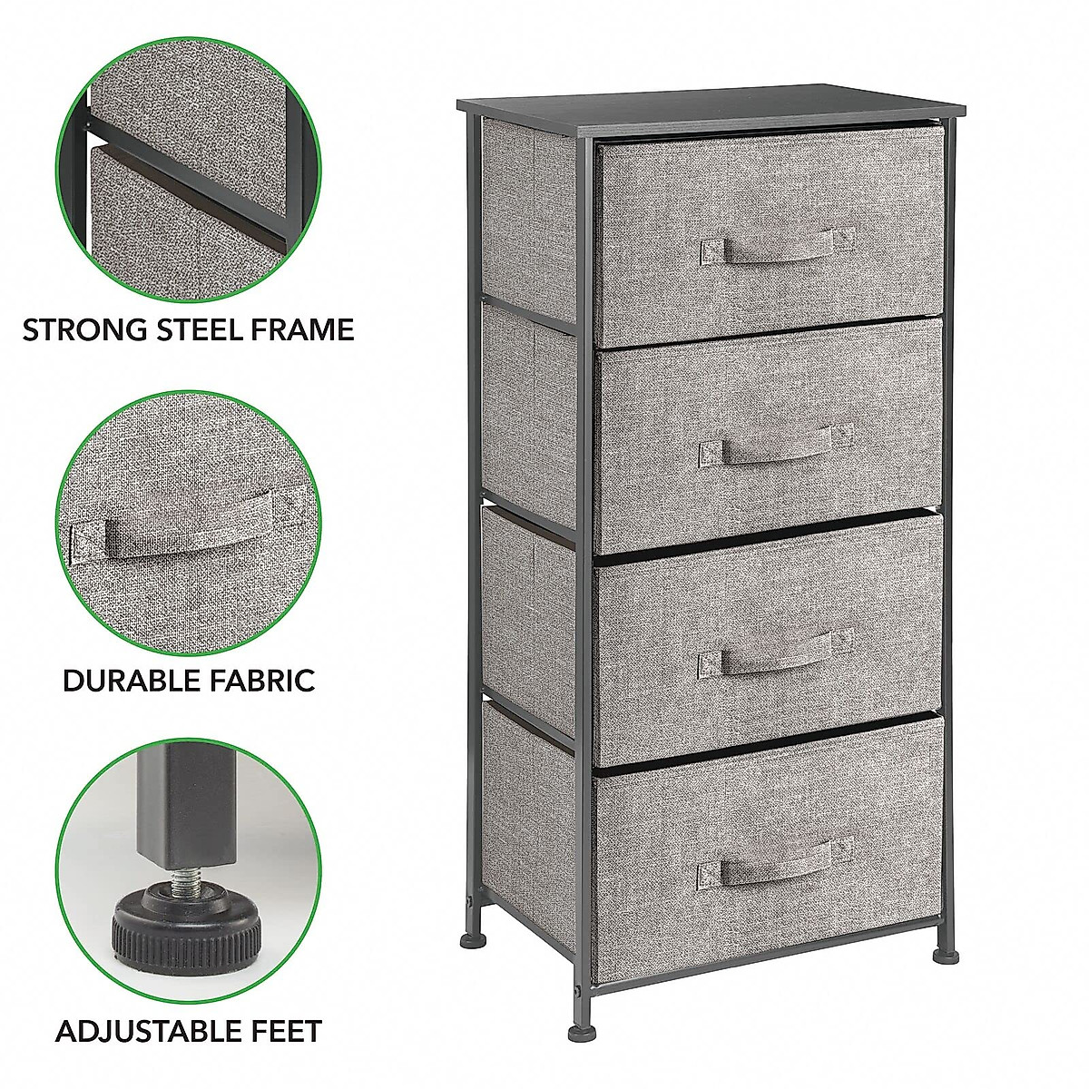 mDesign Tall Dresser Storage Tower Stand with 4 Removable Fabric Drawers - Steel Frame, Wood Top Organizer for Bedroom, Entryway, Closet - Lido Collection - Black/Graphite Gray