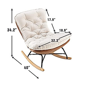 Kmax Rocking Chair Nursery Tufted Accent Glider Chair with Tufted Linen Fabric Cushion PU Leather Base for Baby Nursery Bedroom Living Room, Cream