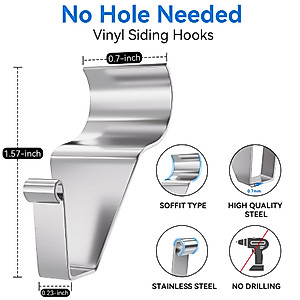 Amuille 20 Pack Vinyl Siding Hooks, No Hole Siding Hanging Hangers, Heavy-Duty Stainless Steel Vinyl Siding Hanger, Reusable Siding Clips for Hanging Holiday Decorations, Plaques, String Light