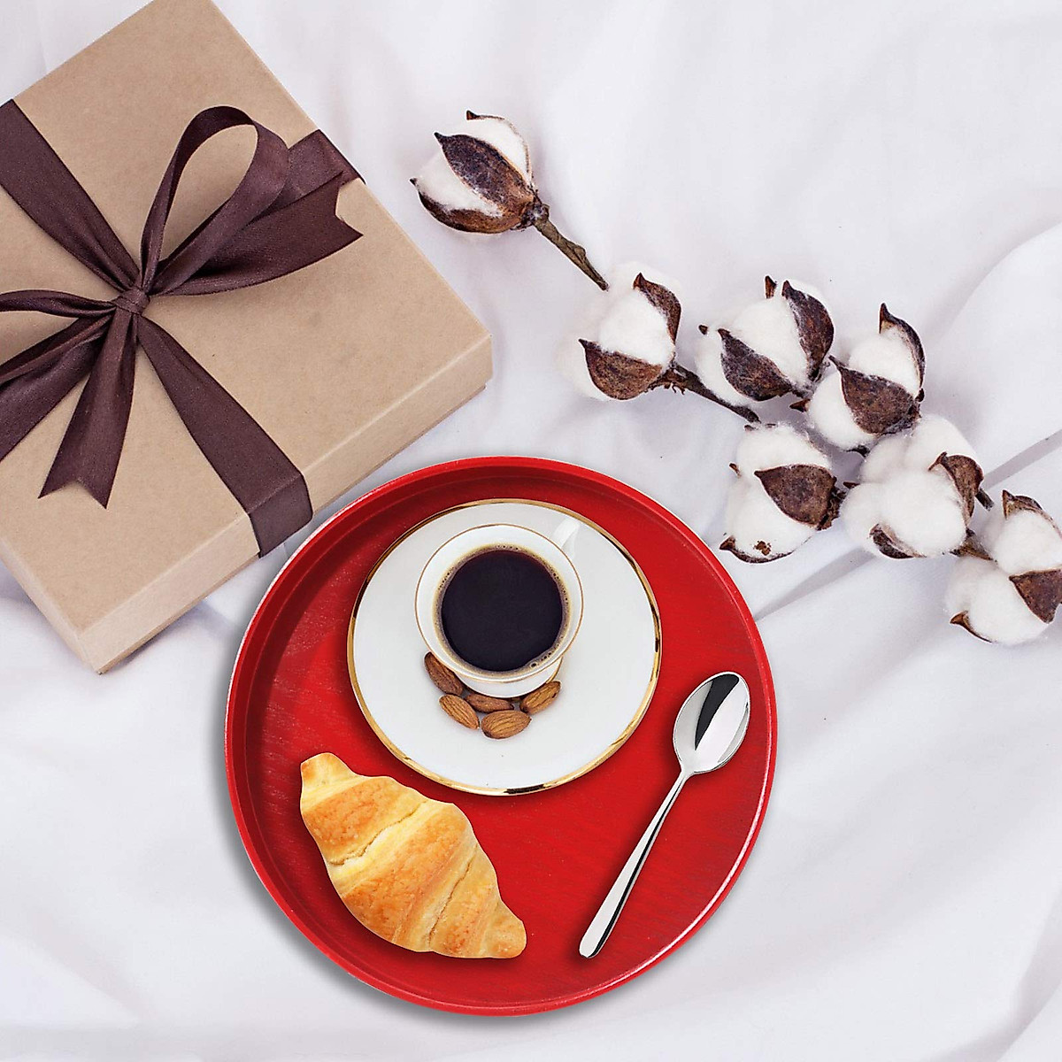 Round Solid Wood Serving Tray, Non-Slip Tea Coffee Snack Plate Food Meals Serving Tray with Raised Edges for Home Kitchen Restaurant(8.2inch,Red)