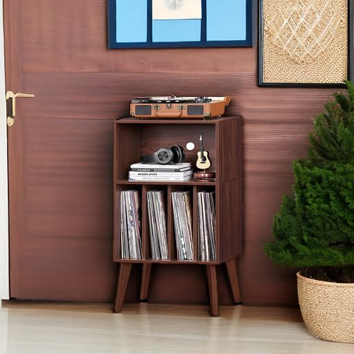 Lerliuo Record Player Stand, Walnut Turntable Stand Holds up to 160 Albums, Mid-Century Vinyl Storage Cabinet Table with Solid Wood Legs, Record Player Holder Dispaly Shelf for Bedroom Living Room