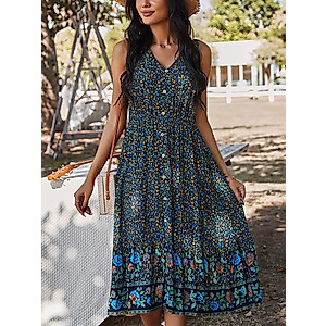TEMOFON Women Dress Summer Sleeveless Bohemian Floral V Neck Button Down Flowy Boho Dresses 2025 Navy Blue XL