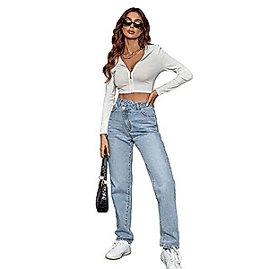 SweatyRocks Women's High Waisted Straight Leg Long Jeans Asymmetrical Waist Denim Pants Solid Pale Blue M