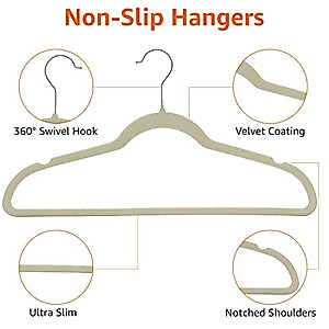 Amazon Basics Kids Velvet, Non-Slip Clothes Hangers, Beige - Pack of 30 & Slim, Velvet, Non-Slip Suit Clothes Hangers, Ivory/Silver - Pack of 30