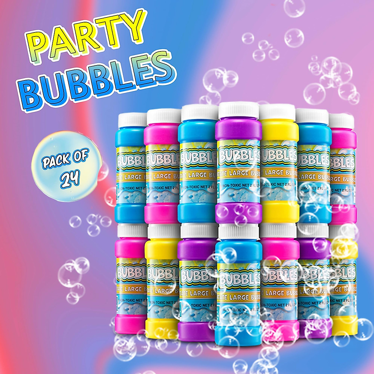 Party Bubbles for Kids - (Bulk Pack of 24) 2-oz Bubbles Bulk Solution with Bubble Wands Assorted Neon Colors for Outdoor Toys Summer Games, Birthday Kids Party Favors, & Goodie Bags Stuffers for Kids