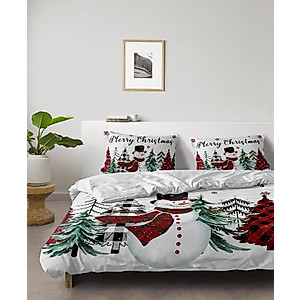 Merry Christmas Snowman Winter Snowflake Duvet Cover Sets 4 Piece Queen Ultra Soft Bed Quilt Cover Set for Kids/Teens/Women/Men,Plaid Xmas Tree Bedding Collection All Season Use
