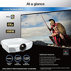 Epson Home Cinema 4000 3LCD Home Theater Projector with 4K Enhancement, HDR10, 100% Balanced Color and White Brightness and Ultra Wide DCI-P3 Color Gamut