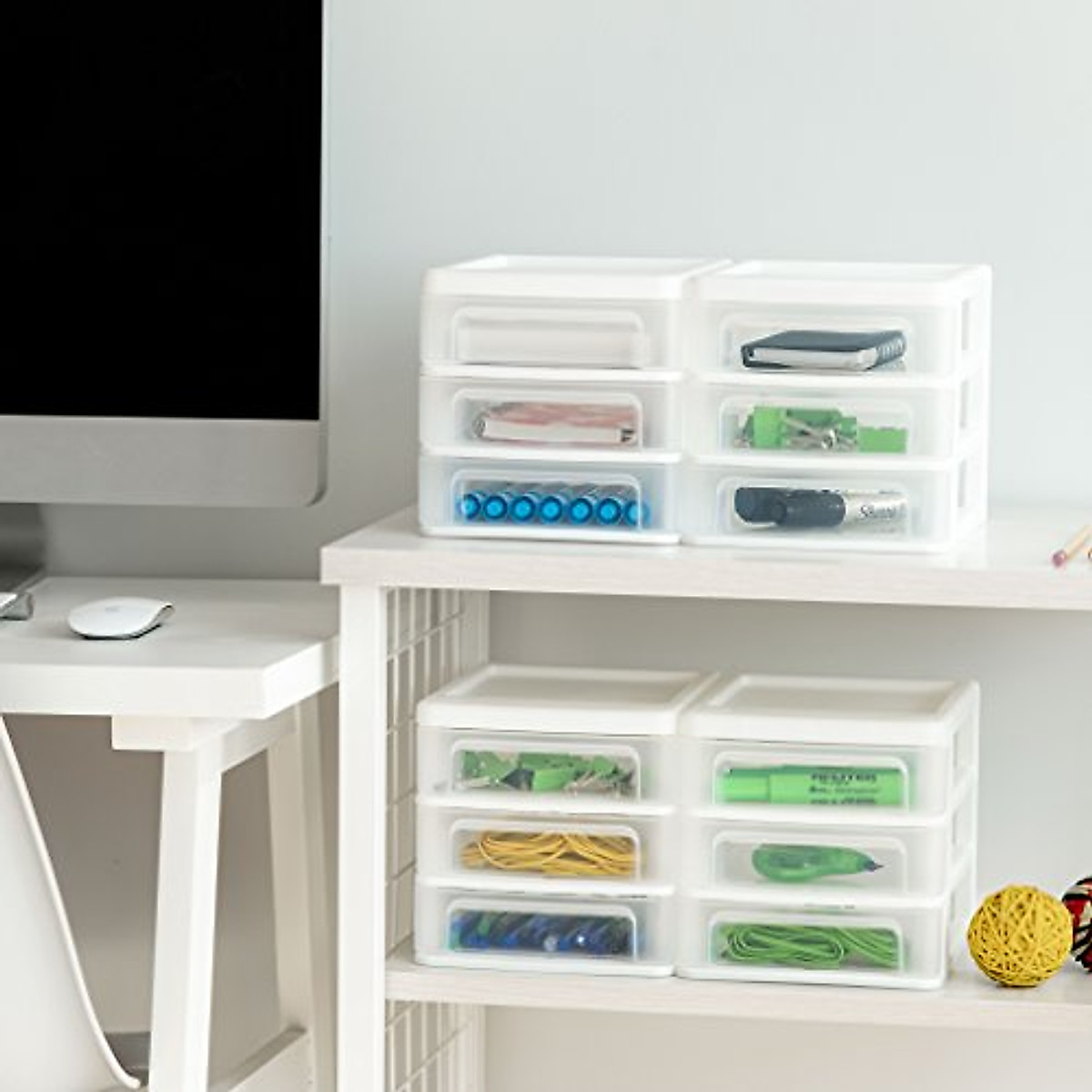 IRIS USA Small 3-Drawer Desktop Organizer, 4 Pack, Stackable, for Office, School, Stationary, Makeup Organizer, Bathroom, Utility, Medical Supplies, Desk Organizer, Versatile Storage, White