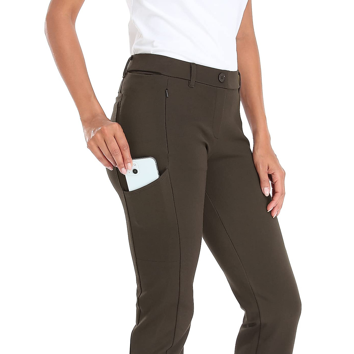 HDE Yoga Dress Pants for Women Straight Leg Pull On Pants with 8 Pockets Brown - M