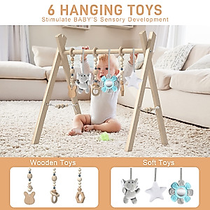 Wooden Baby Play Gym for Baby Gym with 6 Infant Toys, MAAZO Foldable Baby Play Gym Frame Activity Center Hanging Bar Newborn Toys Baby Gifts Easy to Assemble (Natural Color)
