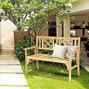 Tangkula Folding Wood Garden Bench, 2 Person Foldable Acacia Patio Bench with Heavy Duty Structure, Locks, Wide Curved Armrest and Backrest,for Yard, Deck, Balcony, Park (Teak)